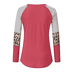 Womens Tees Long Sleeve Women's Top Fall and Winter Leopard Stripe Color Matching Printed Round Neck Shirt Casual Sexy Tunic Watermelon Red M
