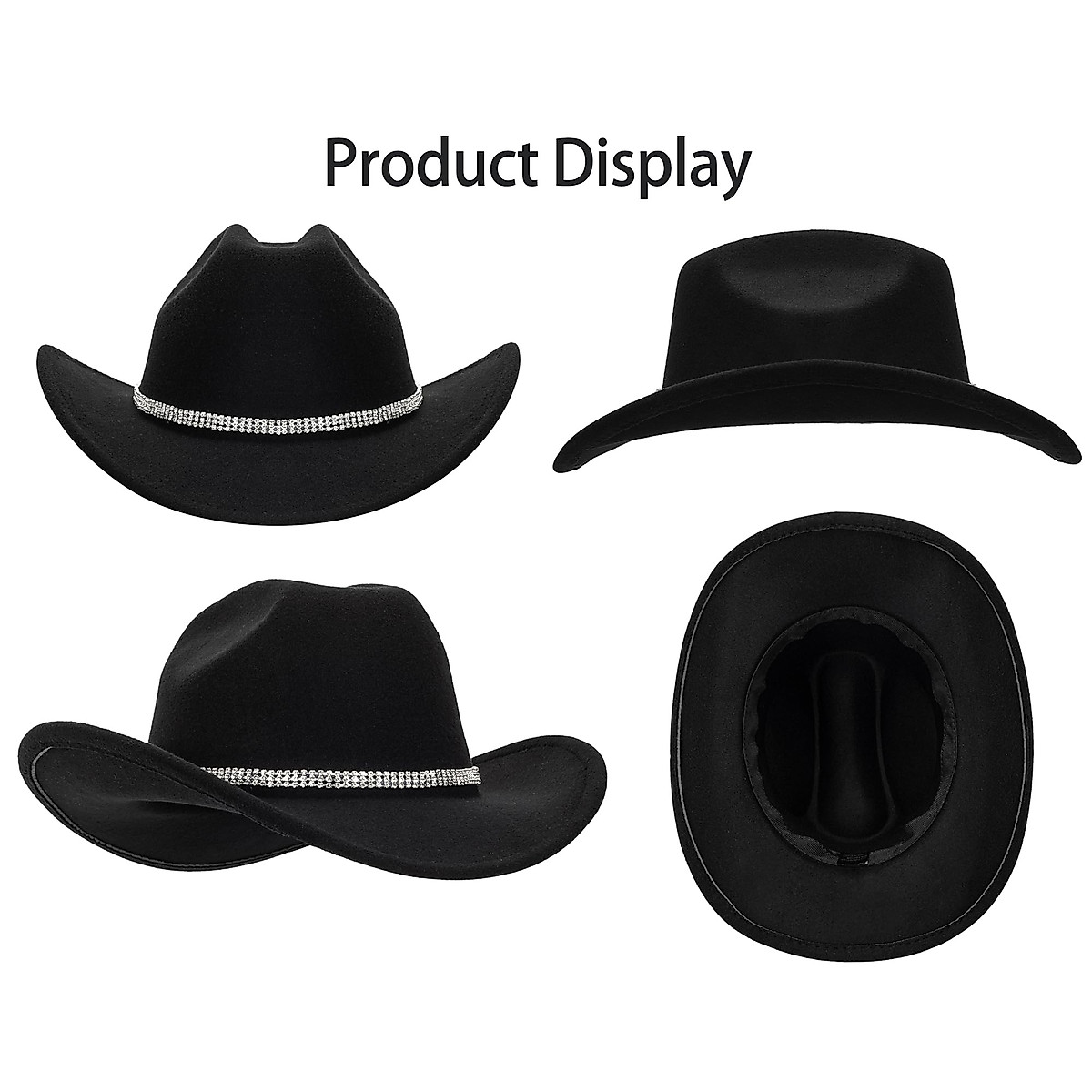 INOGIH Classic Black Western Felt Roll-Up-Brim Cowboy-Hat for Women Men - Bling Cowgirl-Hat Felt Fedora for Disco Parties
