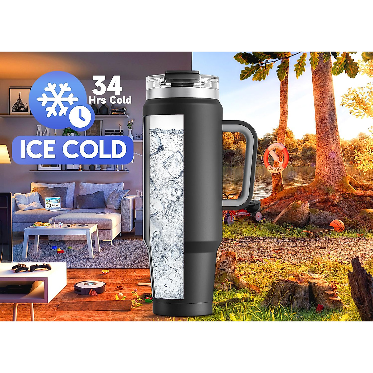 Meoky 40 oz Tumbler with Handle and Straw, Insulated Tumbler with Lid and Straw, Stainless Steel Travel Mug, Keeps Cold for 34 Hours, 100% Leak Proof, Fits in Car Cup Holder (Night)