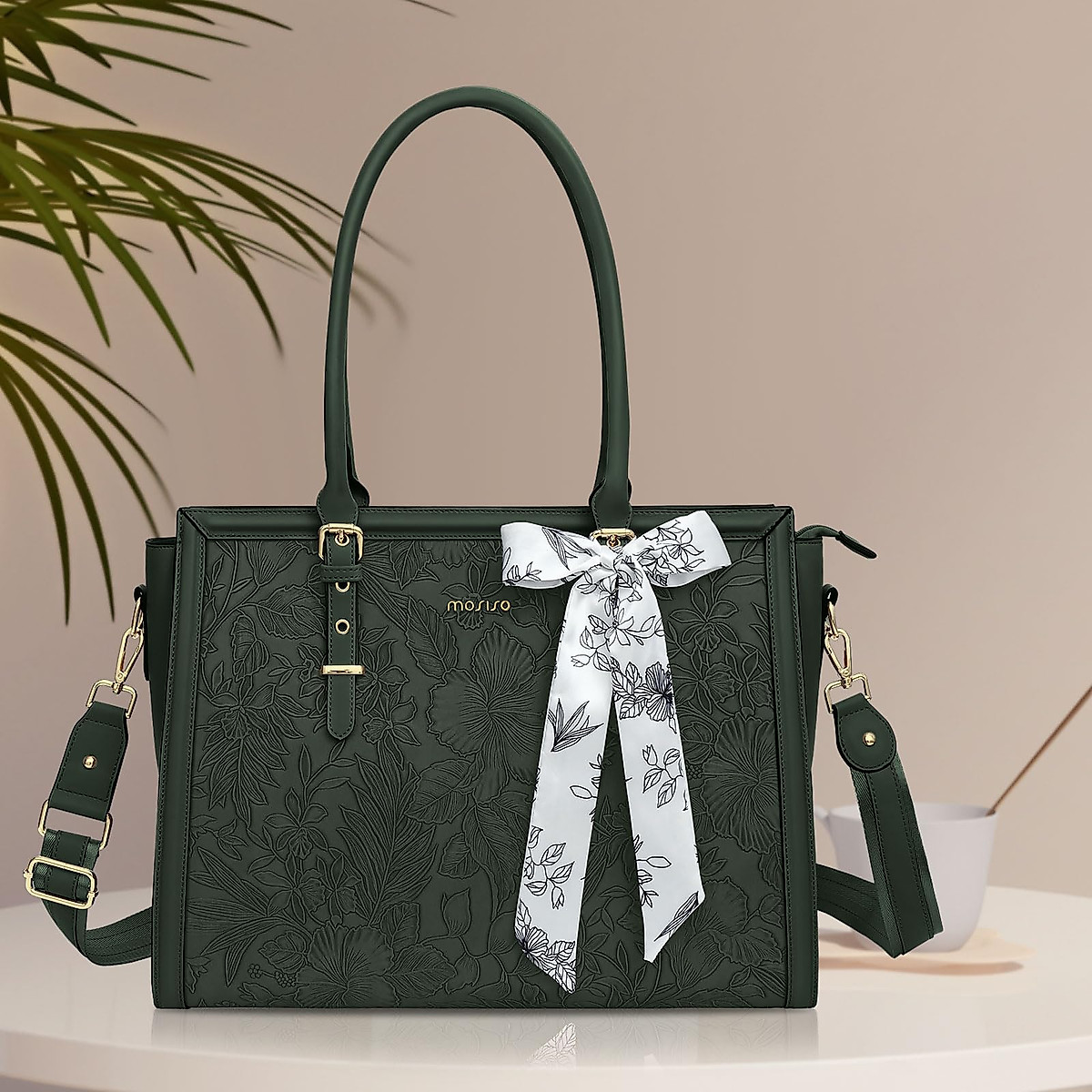 MOSISO Laptop Tote Bag for Women, 15.6-16 inch PU Leather Compatible with MacBook, HP, Dell, Asus Notebook, Front Embossed Retro Hibiscus Computer Bag with Silk Scarf & Clutch Purse, Emerald Green