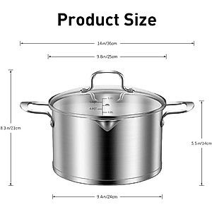 5 Quart Stainless Steel Induction Stock Pot with Glass Lid, 5 Qt Pasta Cooking Soup Pot with Pour Spout, Scale Engraved Inside, Oven Dishwasher Safe, Multipurpose Use For Home Kitchen Restaurant