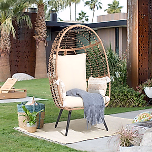 JOIVI Wicker Egg Chair, Oversized Indoor Outdoor Lounger Large Egg Basket Chair with Stand and Cushions for Patio Porch, Backyard, Living Room, Balcony (Beige Rattan, Creamy White Cushion)