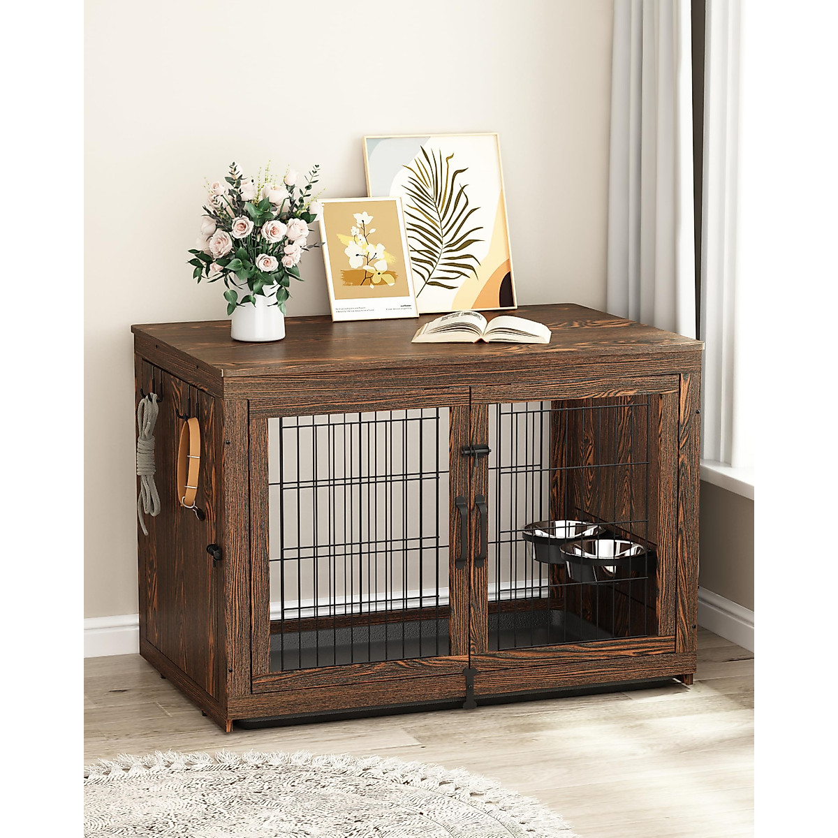 Piskyet Wooden Dog Crate Furniture with 360°Rotatable Removable Dog Bowls, Dog Crate End Table with Tray, Double Doors Dog Kennels for Dogs(XL:43.2" L*28.6" W*30.3" H, Rustic Style)