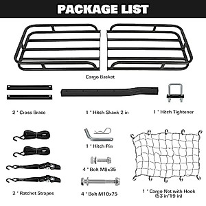 WEIZE 53 x 19 x 4-1/8 Inch Hitch Cargo Carrier, 500 lbs Capacity Steel Hitch Cargo Rack Basket with Net, Strap, Tightener for Car SUV Truck Traveling Camping, 2" Receiver