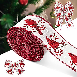 ACSENCETER Red Cardinal with Berry White Patterned Wired Ribbon for Christmas Tree Decorations, Gift Wrapping, Wedding Parties, Garlands and DIY Crafts 2.5" x 10 Yards Christmas Ribbon