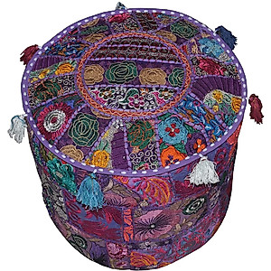 Footstool Cotton Bohemian Decor Round Stool White Patchwork Embroidered Ottoman Pouf Cover Floral Tuffet Chair Floor Cushion Ethnic Bean Bag Living Room (22 Inches, Blue)