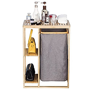 Bamboo Laundry Hamper Basket Table - 11.8''x19.6''x27.5'' Freestanding Laundry Organizer Cabinet with Sliding Bag & 2-Tier Storage Shelves for Dorm Room, Bathroom, Living Room