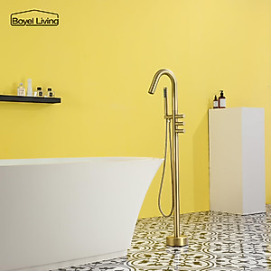 Freestanding Bathtub Faucet Floor Mount Tub Filler Faucet with Handheld Shower 360° Swivel Bathtub Faucet Set with Stainless Steel Water Supply Pipe, Brushed Gold