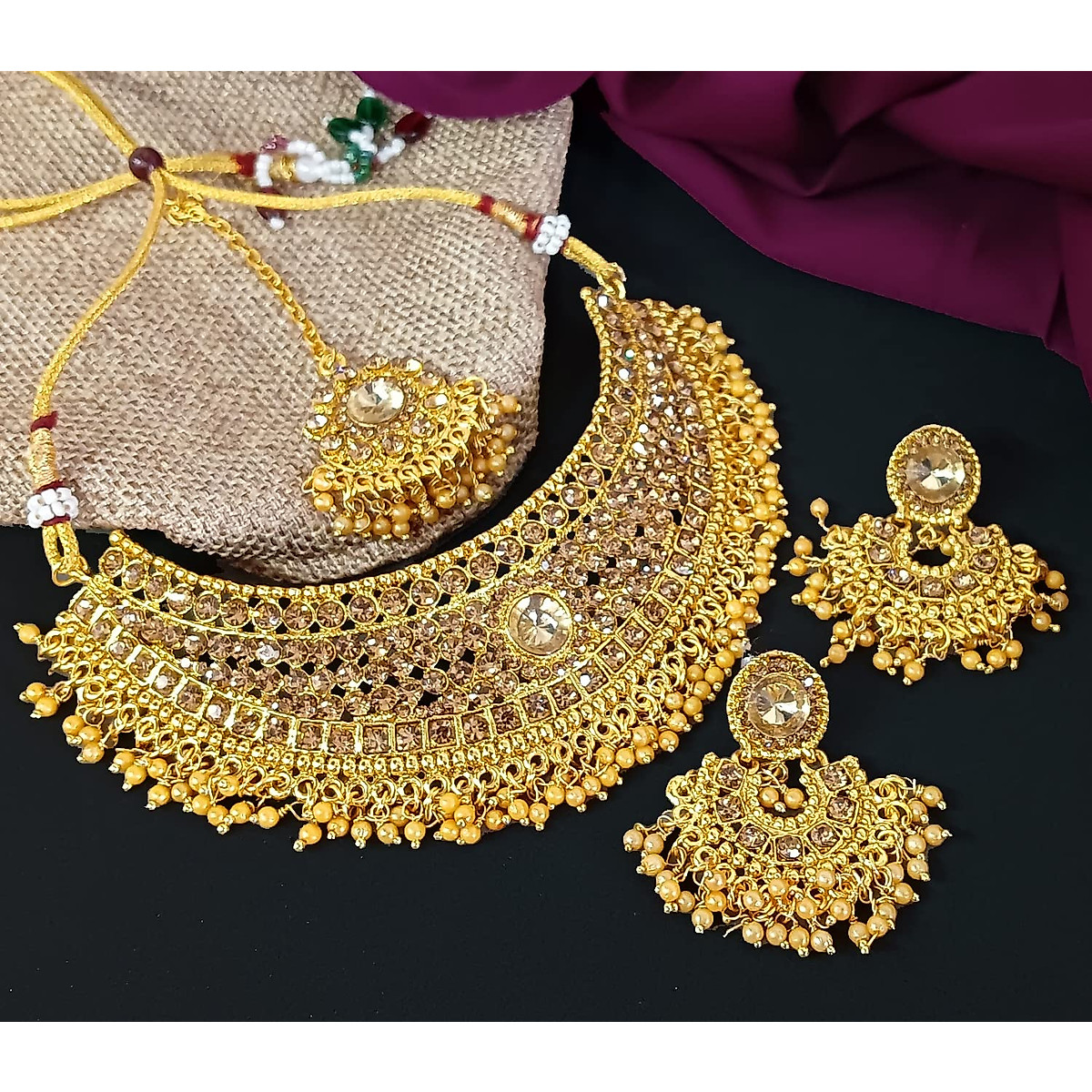 Efulgenz Indian Jewelry Sets for Women Gold Tone Indian Bollywood Traditional Crystal Pearl Wedding Choker Necklace Earrings Maang Tikka Jewelry Set Indian Bridal Jewelry