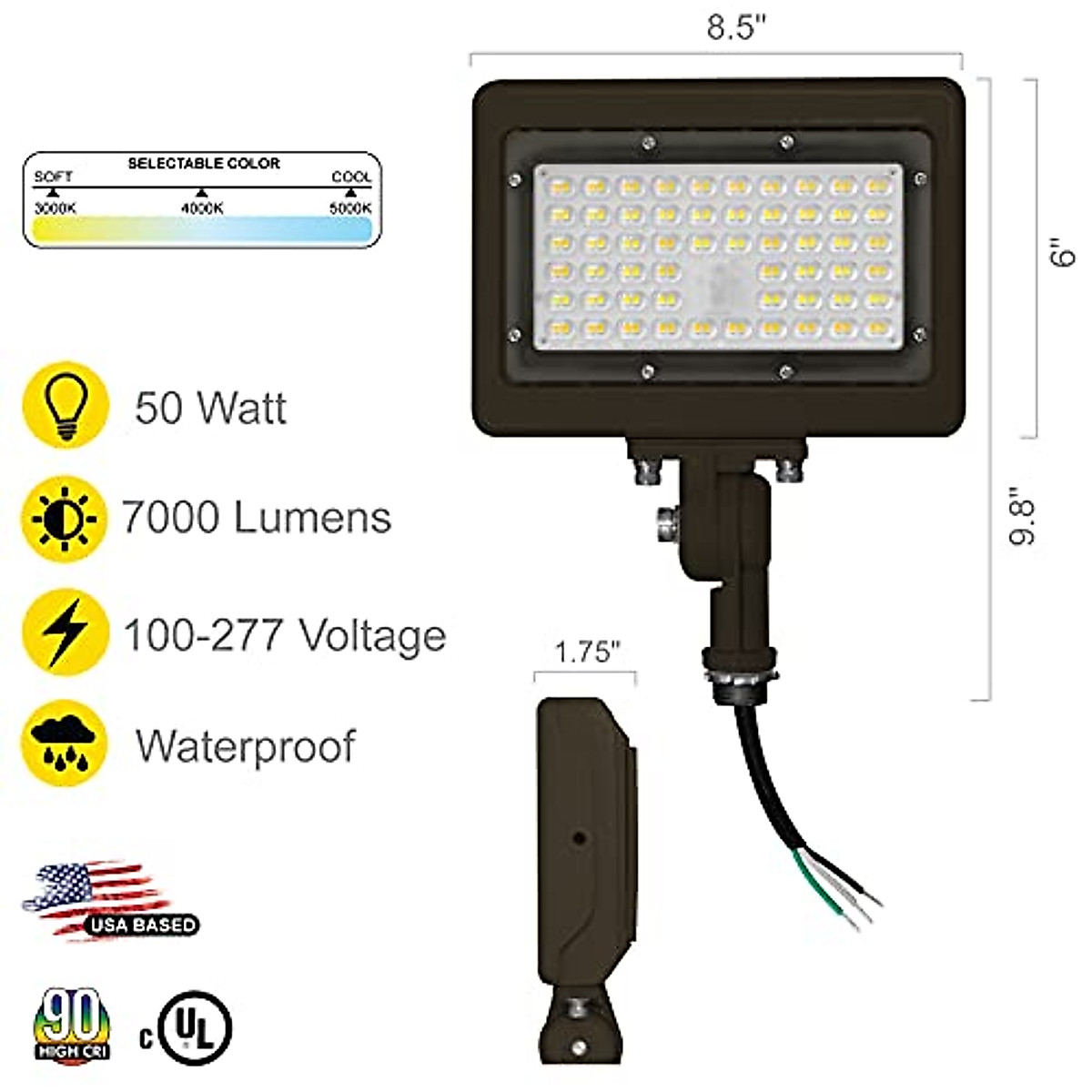NUWATT LED Flood Light Outdoor 50W, Waterproof LED Flood Light with 1/2" Knuckle Mount, 7050 Lumens, 3CCT Color Selectable LED Flood Light for Yard Garden Garage Commercial, 100-277V, Bronze Finish