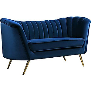 Meridian Furniture Margo Collection Modern | Contemporary Velvet Upholstered Loveseat with Deep Channel Tufting and Rich Gold Stainless Steel Legs, Navy, 65" W x 30" D x 33" H