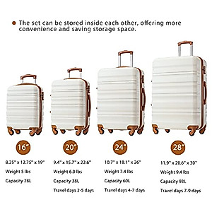 LONG VACATION Luggage Set 4 Piece Luggage Set ABS hardshell TSA Lock Spinner Wheels Luggage Carry on Suitcase (WHITE-BROWN, 6 piece set)