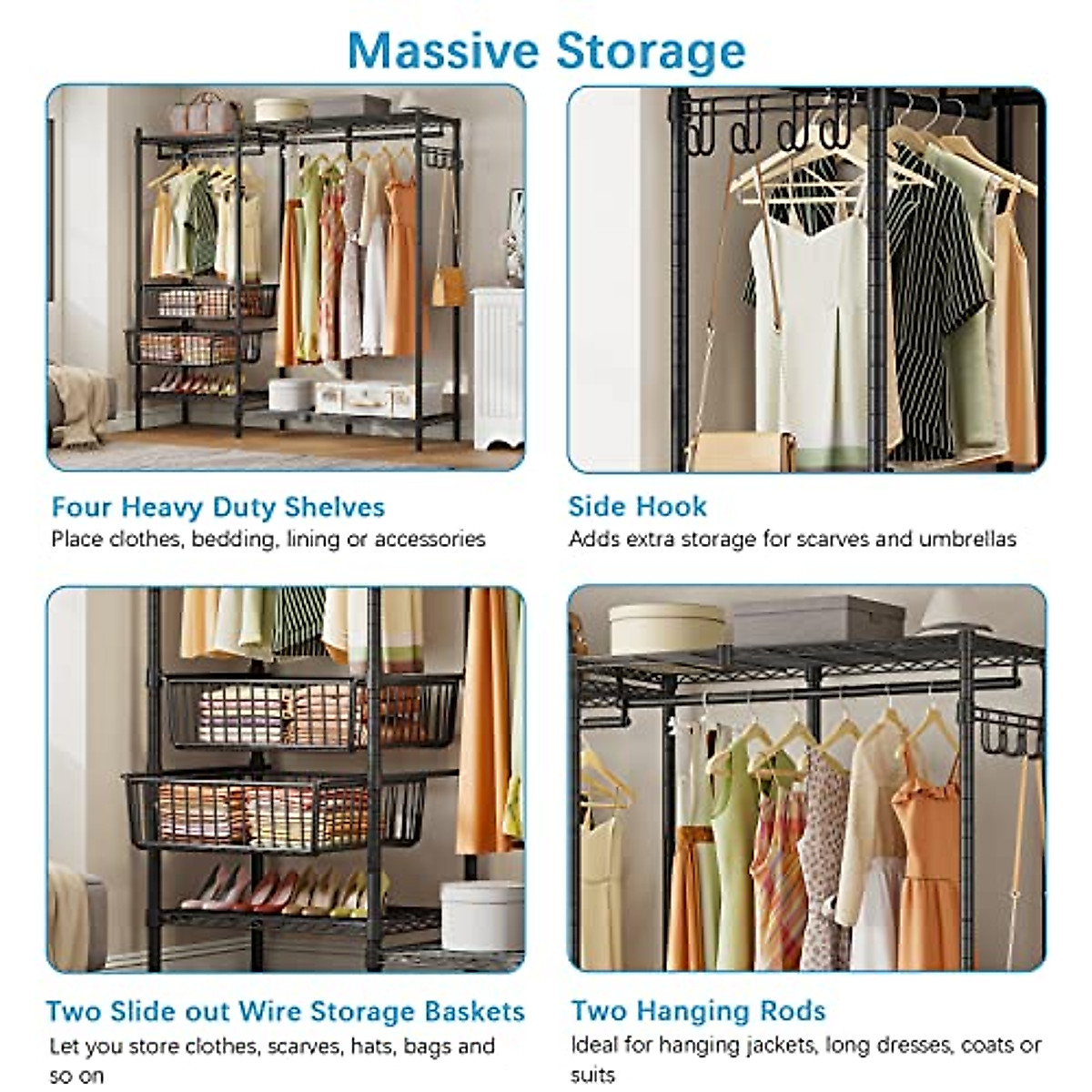 VIPEK V9 Protable Closet Rack for Hanging Clothes, Freestanding Clothes Rack Heavy Duty Metal Clothing Rack Closet System with Slide Baskets Garment Rack with Adjustable Shelves, Max 560 LBS, Black