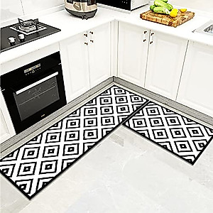DISAKJ Kitchen Rugs and Mats Non Skid Washable Non-Slip, White and Black Area Kitchen Floor Mats Rug , Backing Mat for Doorway Mats Runner Rug Set, Geometric Design (20 x 63+20 x 31inch)