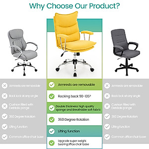 422 Soft Linen Office Chair with Padded Armrests, Premium Double Cushion, 360° Swivel High Back Ergonomic Computer Task Chair for Home Study&Meeting(Yellow)