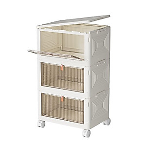 3 Tier Plastic Storage Bins with Lids 23QT, Stackable Storage Containers with Wheels, Folding Storage Boxes, Collapsible Storage Bins, Closet Organizers and Storage for Living Room,Kitchen,Office,Dorm