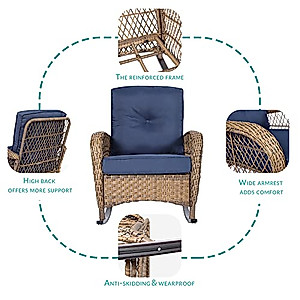 MEETWARM Outdoor Wicker Rocking Chair, Rattan Patio Rocker Chairs with Cushions and Steel Frame - Navy Blue