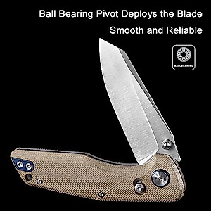 WIN+ Pocket Knife, Folding Knife with Button Lock and Axis Lock, Tactical Knives with Ball Bearing and Thumb Stud, Micarta Small EDC Knife for Survival Camping 3442 (C-Desert-Micarta)
