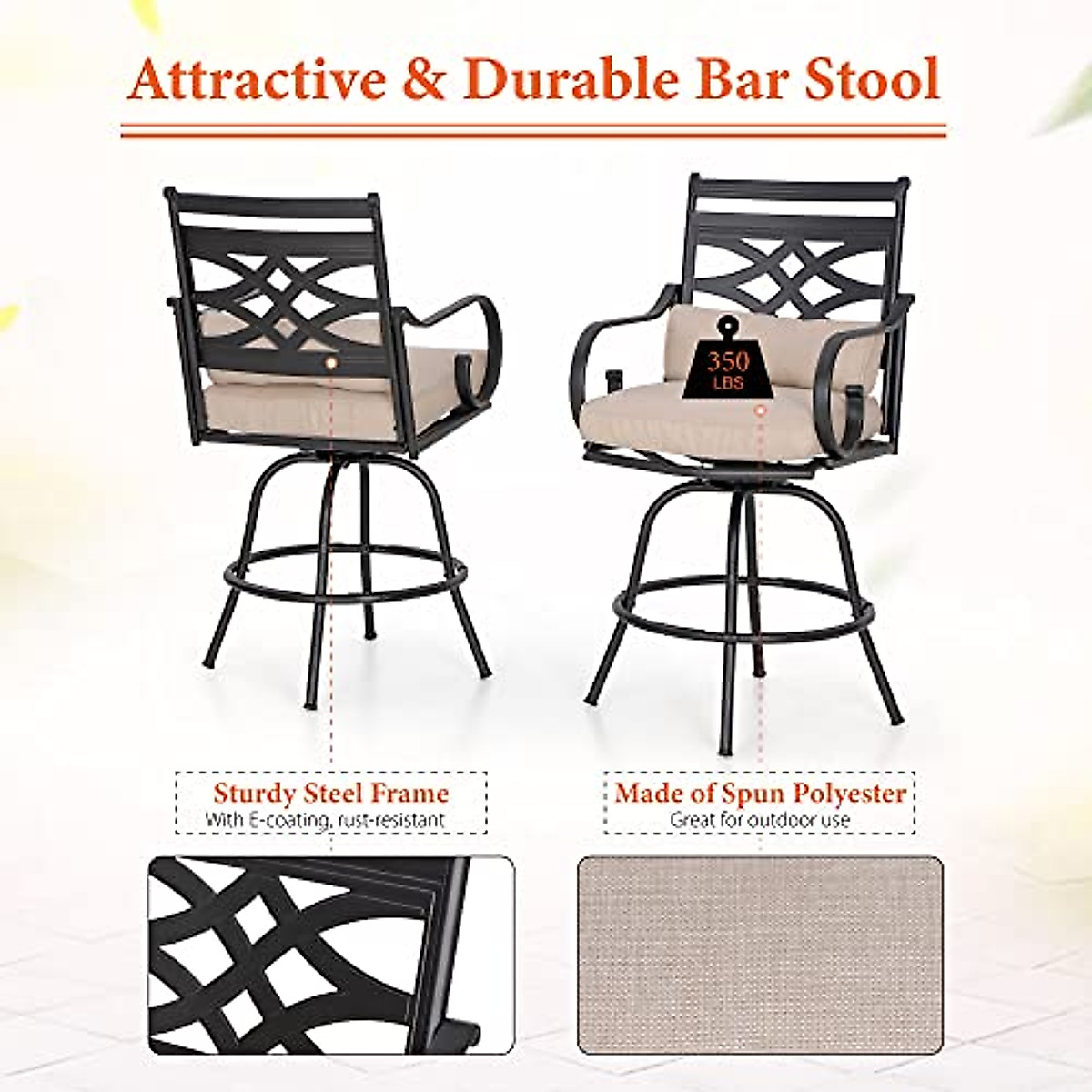 Sophia & William Patio Bar Stools Set of 2, Swivel Bar Chairs, High Dining Chairs with Seat Cushion
