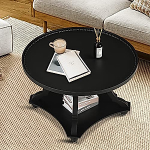 Wnutrees Farmhouse Round Coffee Table, Rustic Circle Coffee Table with Wood Tray Top for Living Room, Boho Coffee Table with Storage Shelf, Handcrafted Finish,Black