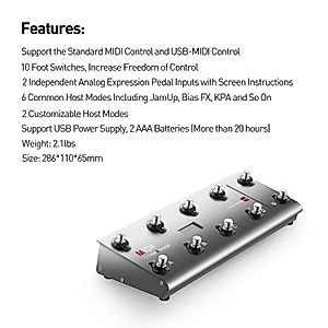 MIDI Foot Controller，MeloAudio Guitar Floor Multi-Effects Portable USB MIDI Foot Controller with 10 Foot Switches，2 Expression Pedal Jacks and 8 Host Presets