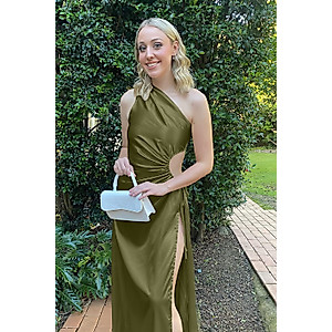 PRETTYGARDEN Women's 2024 Summer One Shoulder Satin Dress Cutout High Split Cocktail Wedding Guest Maxi Dresses (Dark Army Green,XX-Large)