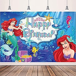Mermaid Happy Birthday Backdrop, Under The Sea Little Mermaid Birthday Party Supplies for Girls Ariel Mermaid Princess Party Decorations Happy Birthday Banner Cartoon Theme Party Decorations