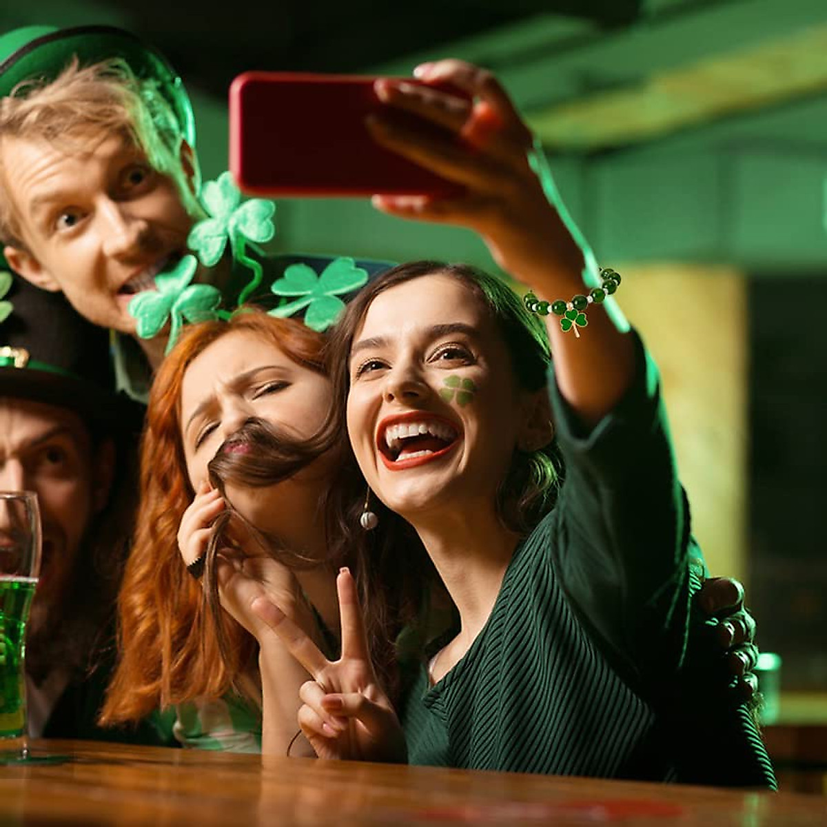 ALoveSoul Natural Agate Stone Lucky Clover Beaded Bracelet Shamrock Chram Bracelet St Patricks Day Party Accessories Decorations