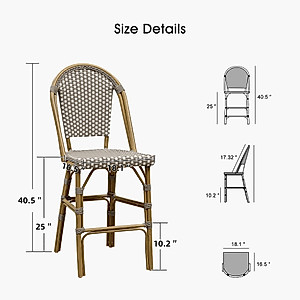 PURPLE LEAF French Counter Height Bar Stool Set of 4 25" Bamboo Print Finish Patio Bar Chairs with Back Rattan Bar Chairs French Bistro Set for Kitchen Outdoor Counter Stool Grey