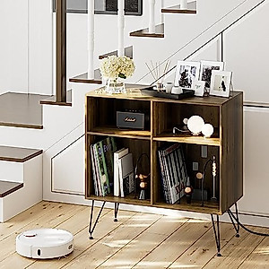 oiiokuku Record Player Stand with Vinyl Storage, Lager Record Player Table with Charging Station, Turntable Stand with 4 Cabinet Holds up to 300 Albums for Bedroom, Office,Adjustable Legs,Walnut