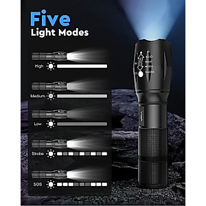 Voph Flashlight 2 Pack, 5 Modes 2000 Lumen Tactical LED Flash Light, High Lumens Bright Waterproof Flashlights, Focus Zoomable Flash Lights for Camping, Gifts for Birthday for Men Women Adult