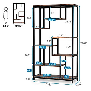 LITTLE TREE 70.8 Inches Tall Bookshelf, Industrial Bookcase for Home Office, Rustic Brown 8-Shelves Wood and Metal Frame Display Shelf Open Storage Organizer Shelves