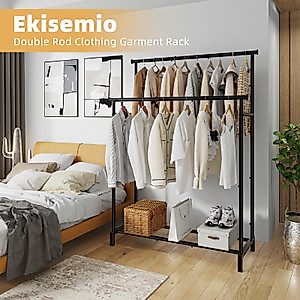 Ekisemio Double Rod Garment Rack for Hanging Clothes, Clothing Rack with Storage Shelves, Metal Multi-Functional Clothes Rack for Bedroom, Living Room, Black