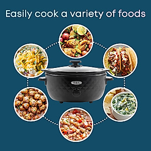 Elite Gourmet MST-1234B## 6 Quart Diamond Pattern Slow Cooker, Removable, Dishwasher-Safe Stoneware Pot with Tempered Glass Lid, Cool-Touch Handles, 6 Quart, Black