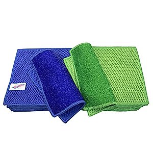12 Pack Microfiber Scrub Dish Cleaning Cloth, Non-Scratch, Reusable & Durable for Pan Pot Dish Cooktop Stovetop Counter Kitchen Household, Machine Washable, 5.5 x 5.5 Inch, Blue & Green Assorted