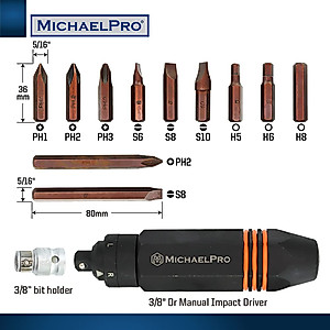 MichaelPro 3/8 Inch Drive Manual Impact Driver Set, Includes 11 Bits and 3/8” Bit Holder, 6-sided Enhanced Anti-Slip Grip, Heavy Duty