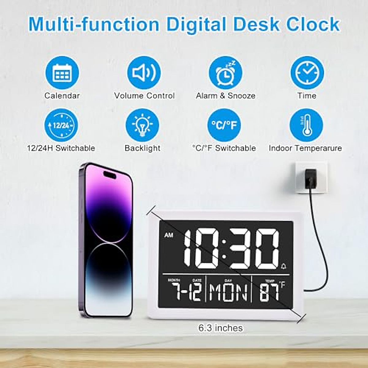 Amgico Digital Alarm Clock with Snooze, Small Clock/Table Clock, 6.3" LED Digital Calendar, 12/24H, Adjustable Brightness/Volume, Desk Clock for Bedroom, Living Room, Office - White