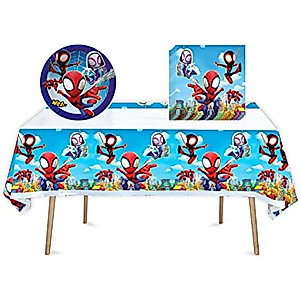 Spidey and His Amazing Friends Birthday Party Supplies Decorations Set with Tablecloth,Plates,Napkins, Banner, Balloons, Hanging Swirls, Cake Cupcake Toppers for Boys Girls Spidey-Theme Party