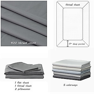 ECLEC Cotton Sateen Sheet Set, 400 Thread Count, 4-Pieces, Cal King Size, Deep Pocket, Dark Grey