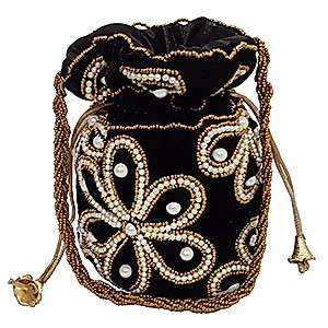 Purpledip Chenille Potli Bag (Clutch, Drawstring Purse): Intricate Bead Work Satchel Handbag, Black (12396A) 