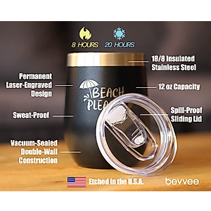 Beach Please - Travel Wine Tumbler with Sliding Lid - Stemless Stainless Steel Insulated Cup - Cute Funny Outdoor Camping Gift - Black