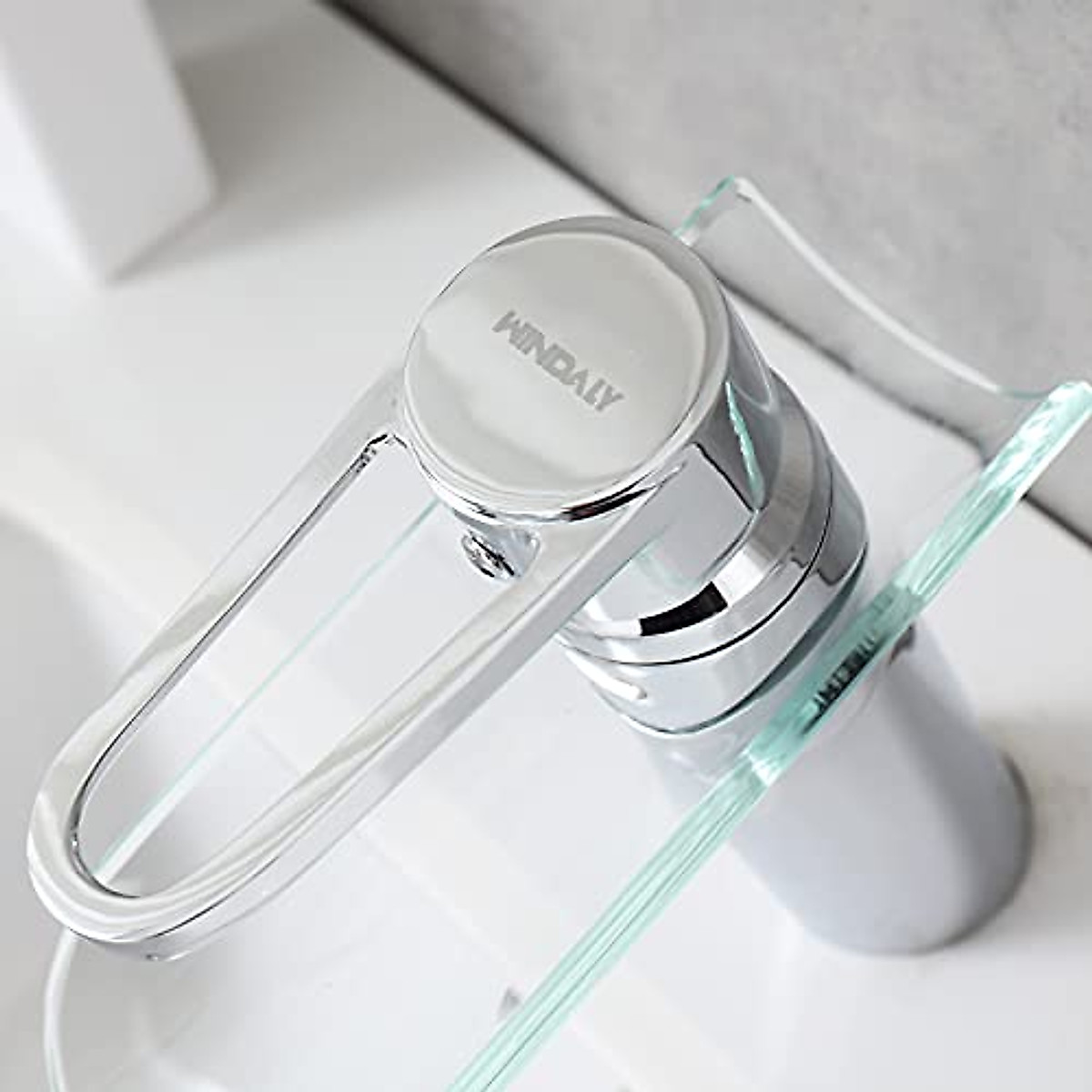 WINDALY Waterfall Bathroom Faucet, Single Hole Glass Spout Bathroom Faucet, Single Handle Solid Brass Bathroom Vanity Faucet with Deck Plate, Chrome (Glass)