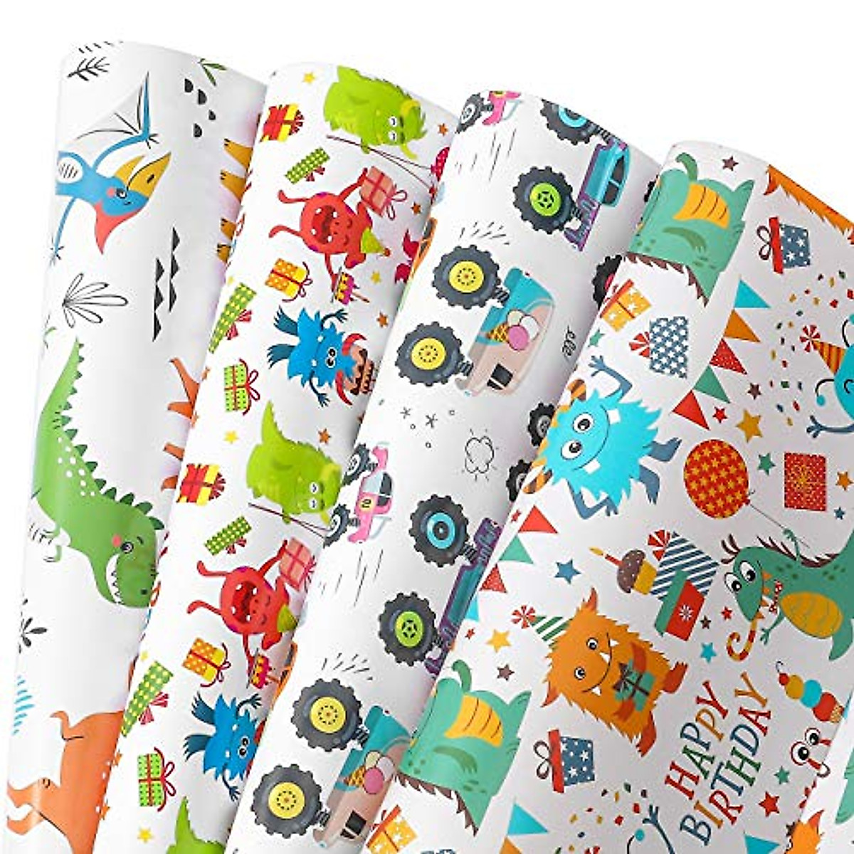 Camkuzon Birthday Wrapping Paper for Boys, Girls, Kids. 4 Cute Design Includes Monster,Car,Dinosaur.Gift Paper for Holiday,Party,Baby Shower-1 Pack Contains 10 Sheets-20 inch X 30 inch Per Sheet ,Folded Flat, Not Rolled