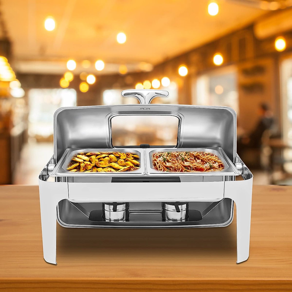 14.26Qt Chafing Dish Buffet Set, Stainless Steel Chafing Server Set with Clear Lid&2 Trays&Handle&Thickened Support Feet, for Food Warmer Parties Buffets