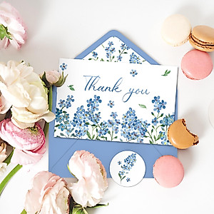 Whaline 24 Pack Watercolor Floral Thank You Cards Bulk Forget-Me-Not Myosotis Sylvatica Flower Greeting Cards with Envelope Sticker Blank Note Cards for Wedding Baby Shower Bridal Birthday Party
