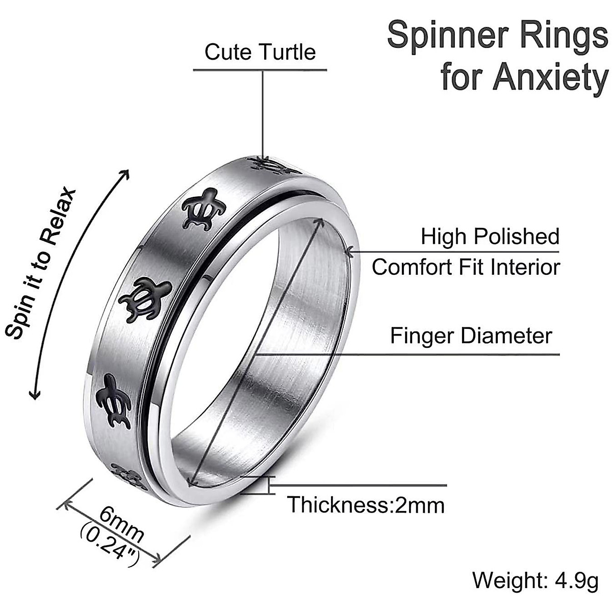 CSIYANJRY99 Cute Turtle Relieving Stress Anxiety Ring Inspirational Turtle Spinner Ring for Women Men (11)