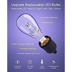 XMCOSY+ Patio Lights, 49Ft Smart Outdoor String Lights RGBW, 15 LED Bulbs, APP & WiFi Control, Compatible with Alexa, IP65 Waterproof String Lights for Outside, Color Changing Outdoor Patio Lights