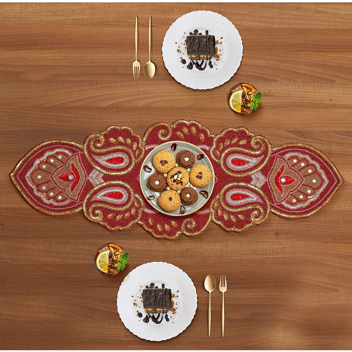 Christmas Red Table Runner, Christmas Beaded Table Runner, Glitz Beaded Table Runner - Table Mat for Harvest Xmas Easter Thanksgiving Wedding Family Party Decoration - 13x36 Paisley - Maroon Gold