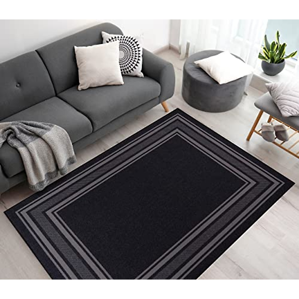 Beverly Rug Modern Bordered 8X10 Area Rug for Living Room, Dining Room Rug, Bedroom Carpet, Indoor Non Skid Rubber Backed Area Rugs, Black
