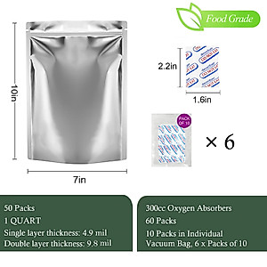 50 Pack 1 QUART Mylar bags for Food Storage With 60 Pack 300cc Oxygen Absorbers Stand-Up Zipper Pouches Resealable for Long Term Food Storage (7" x 10")